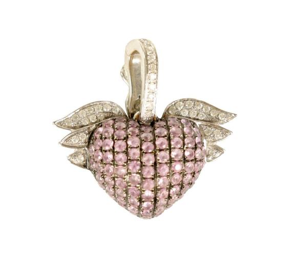 AN 18CT WHITE GOLD DIAMOND AND TOURMALINE WINGED HEART PENDANT ON 14CT ...